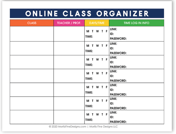 Virtual School Class Planner | Printable Online School Schedule